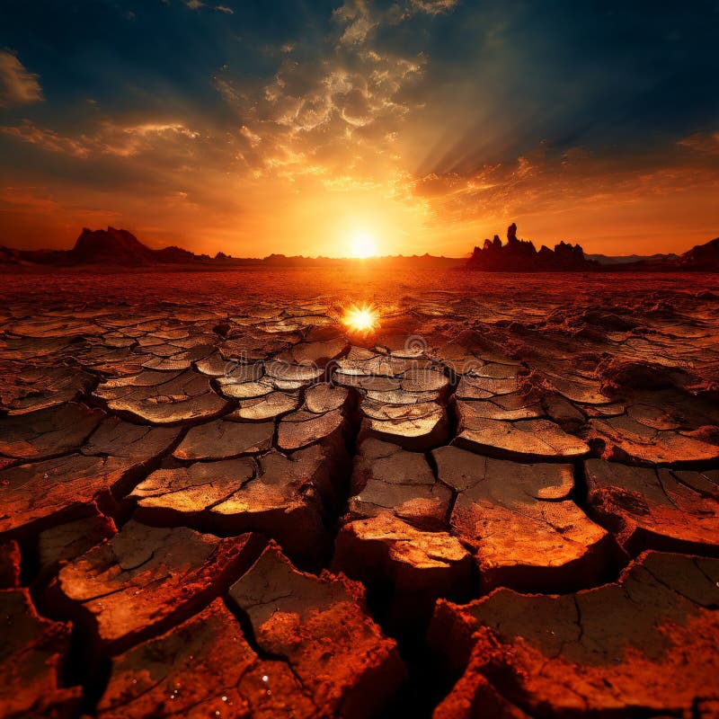 Cracked Earth Landscape Under Dramatic Sunset Sky Stock Photo - Image ...