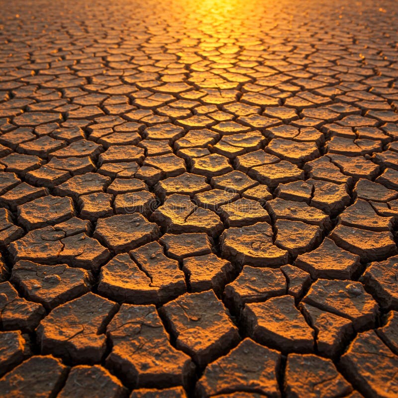 Cracked Earth Stretches Under a Golden Sunset, Casting Warm Light Over ...