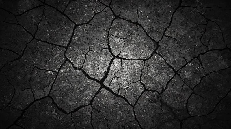 Cracked Earth Surface Showing Dry Soil Patterns Under Dim Lighting in a ...