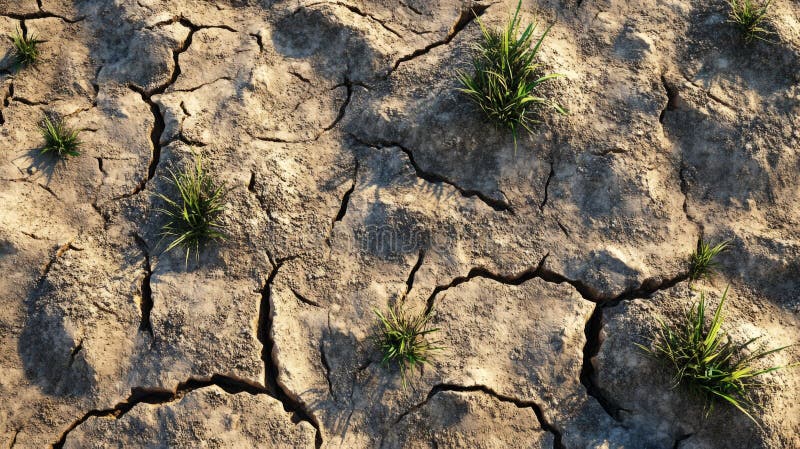 Cracked Earth Surface with Sparse Grass Growth Stock Illustration ...