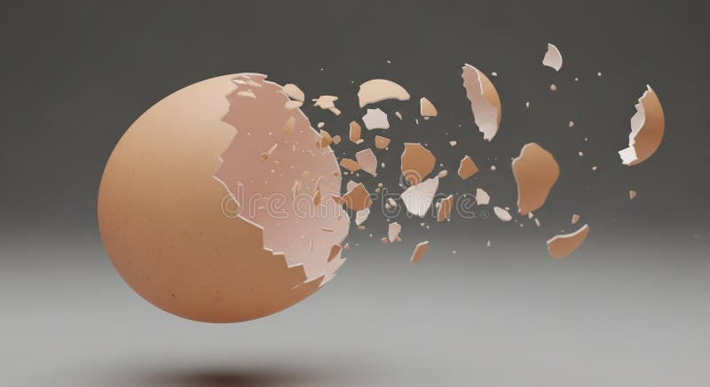 A Cracked Egg with Shell Fragments Flying Away Against a Gray Gradient ...