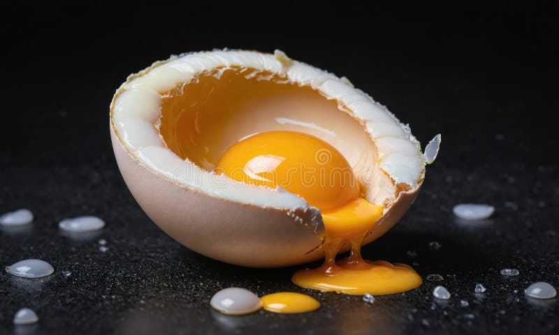 A Cracked Egg Yolk Spills Onto a Black Surface, Surrounded by Bits of ...
