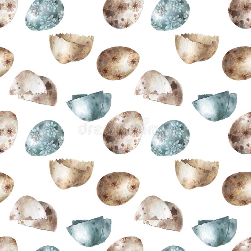 Seamelss Pattern with Cracked Eggshell. Watercolor Hand Drawn Set Egg ...
