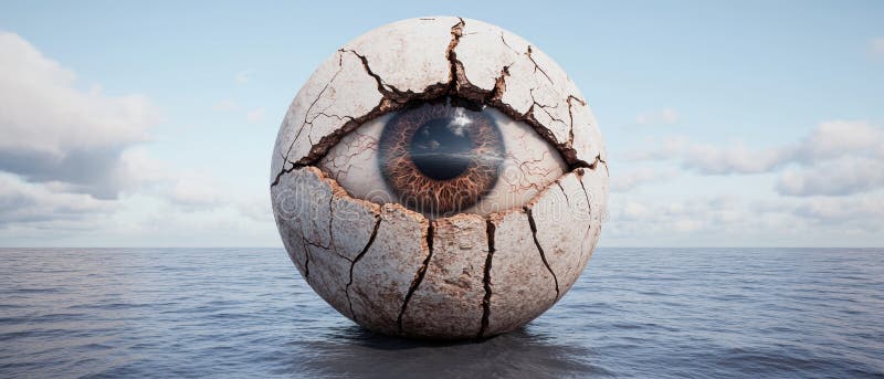 Cracked Eye of a Surreal Sphere Floating on the Ocean Stock ...