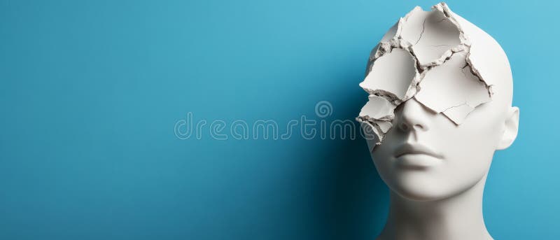 Cracked Face of a White Mannequin with Blue Background Representing ...