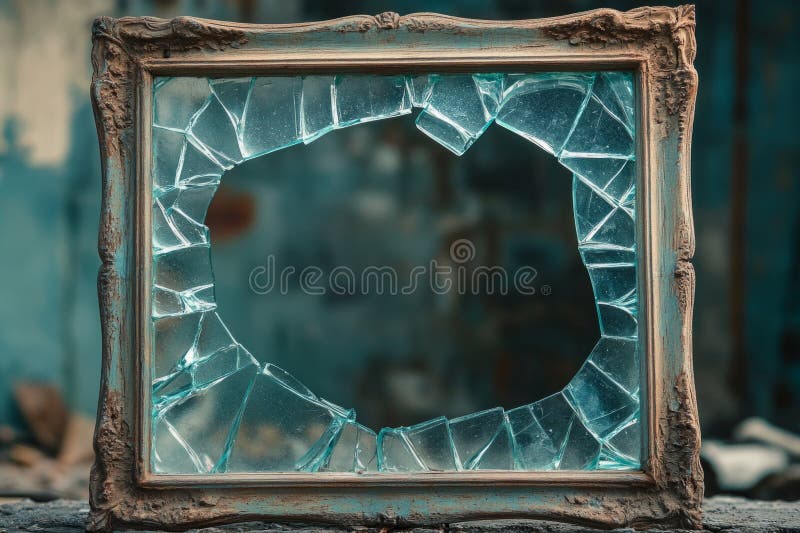 Cracked Glass Inside a Vintage Wooden Frame Creates an Abstract ...