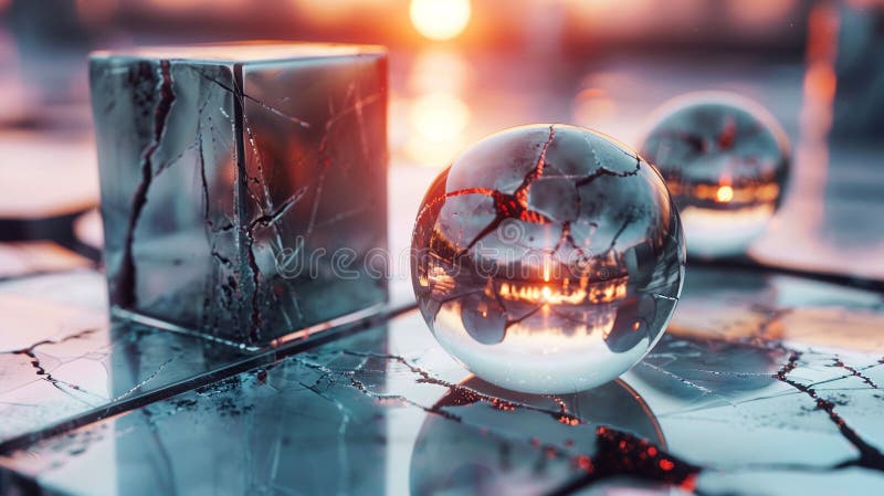 Cracked Glass Sphere and Cube Reflecting Sunset Light in a Modern Art ...