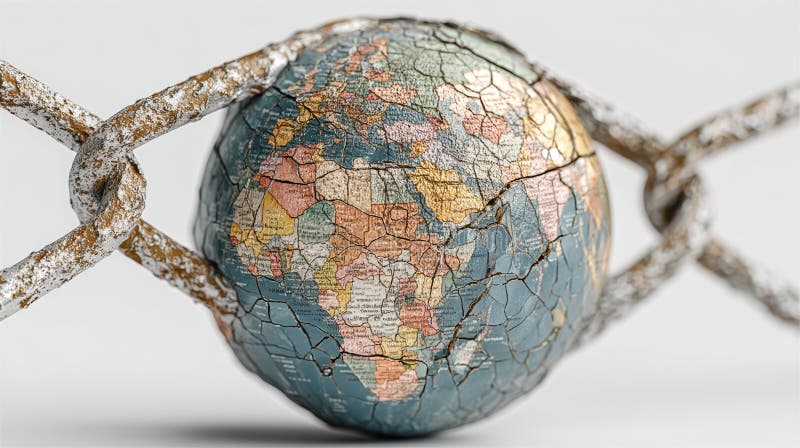 Cracked Globe Entangled in Rusty Wire Fence Symbolizing Global ...