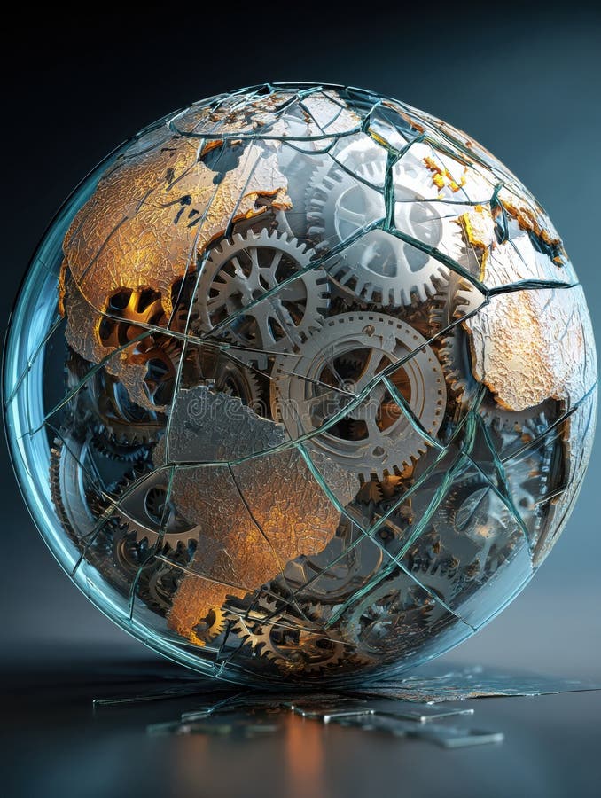 Cracked Globe Exposes Intricate Factory Gears Symbolizing Global Supply ...