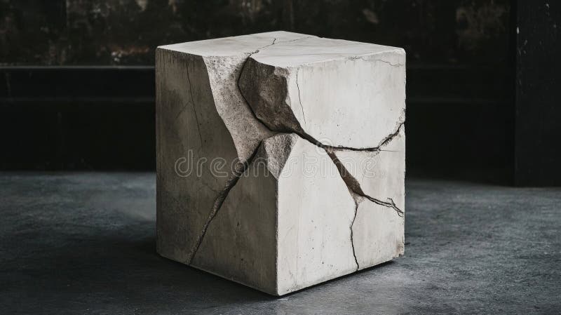 Cracked Gray Concrete Cube on Dark Floor Stock Illustration ...