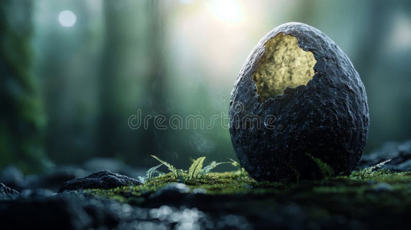 A Cracked, Grey Egg with a Glowing Interior Sits on Moss in a Sun ...