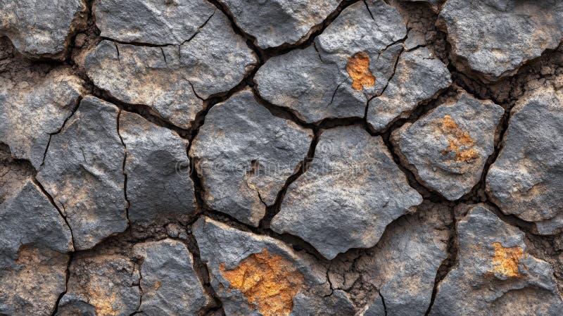 Cracked Grey Rock Surface with Orange Mineral Deposits Stock ...