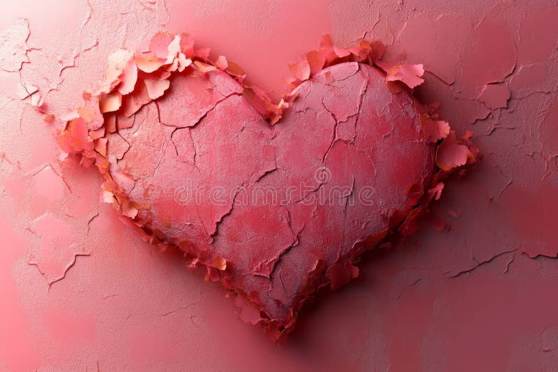 A Cracked, Heart-Shaped Sculpture on a Textured Pink Background Stock ...