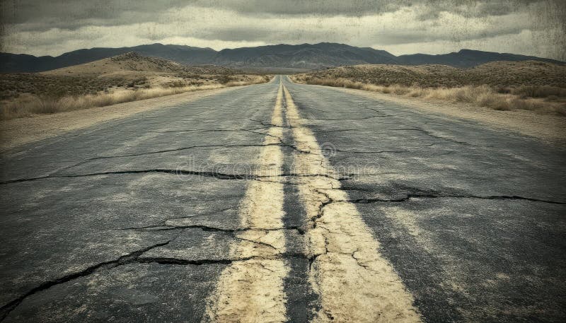 Cracked Highway Stretches through a Stormy Desert Landscape Under Dark ...