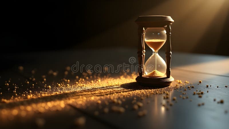 A Cracked Hourglass with Scattered Sand on a Dark Table Stock ...