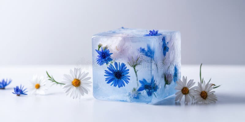 Cracked Ice Block with Blue and White Flowers for Nature and Cooling ...