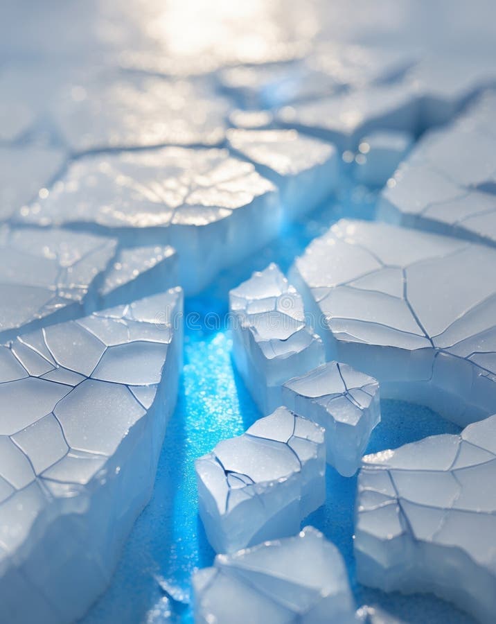 A Cracked Ice Surface with Vibrant Blue Light Reflecting through the ...