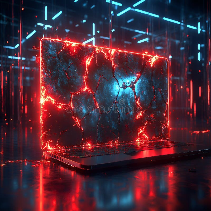 Cracked Laptop Screen with Red Glow Stock Illustration - Illustration ...