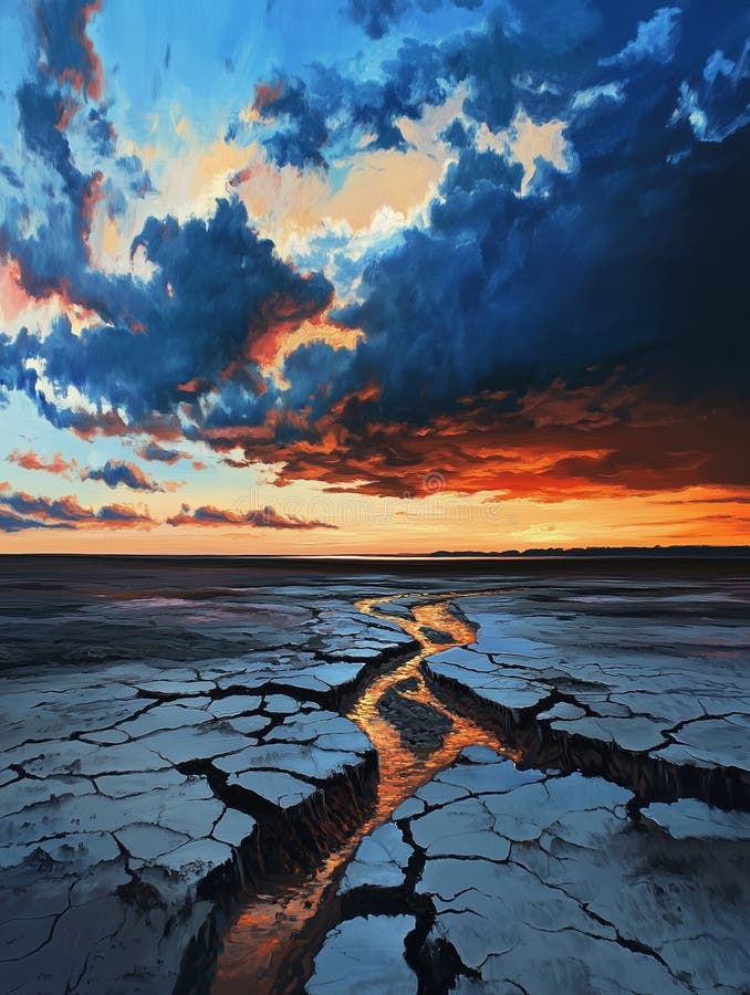 Cracked Mudflat with Winding Stream Under Dramatic Sunset Clouds in an ...