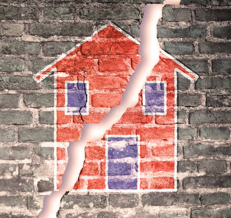 Cracked Old and Aged Broken Brick Wall with a Colored House Drawn on it ...