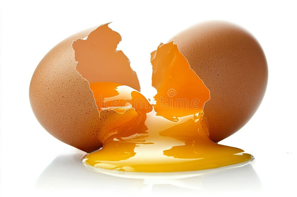 Cracked Open Eggshell with Yolk Spilling Out, Isolated on White ...