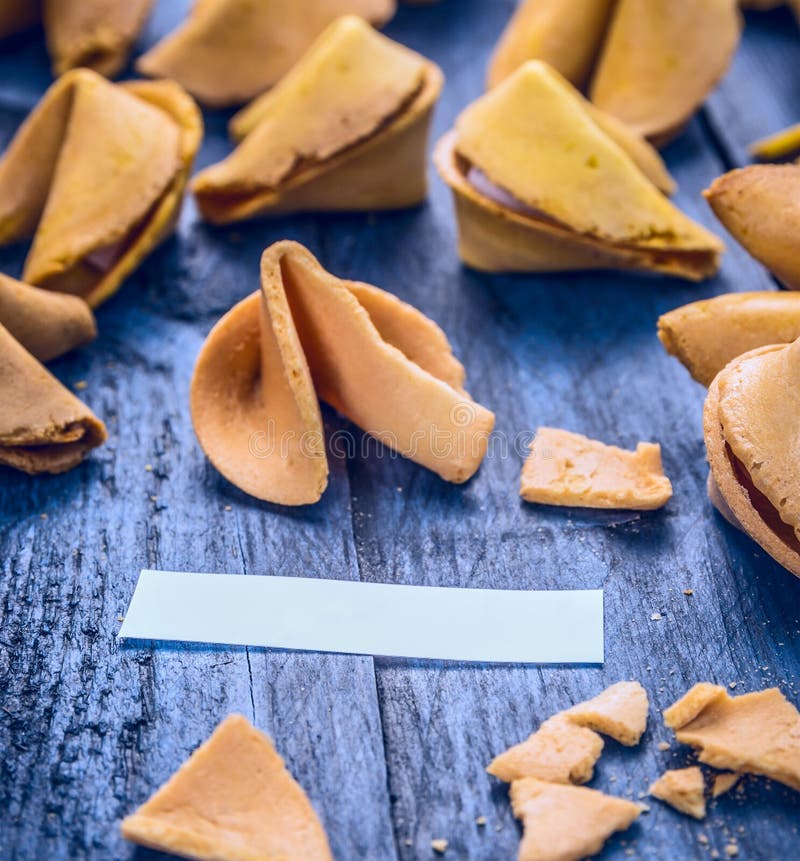 Cracked Open Fortune Cookie Blank Space Blue Wooden Background Stock ...
