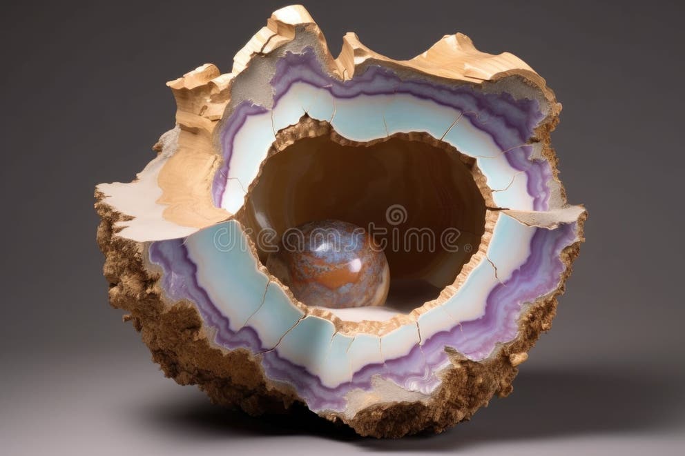Cracked Open Geode Revealing Fossils Inside Stock Photo - Image of open ...