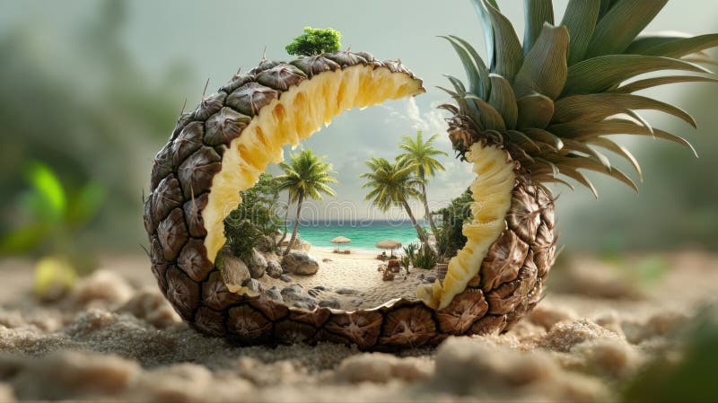 Cracked-open Pineapple Revealing a Tiny Tropical Beach Scene Inside. Generative AI Stock Image ...