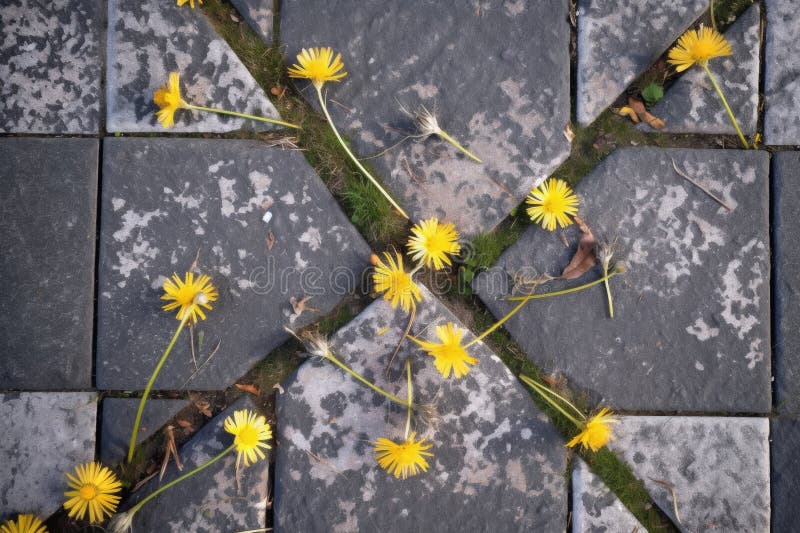 Cracked Pavement with Multiple Dandelions Growing in Pattern Stock ...