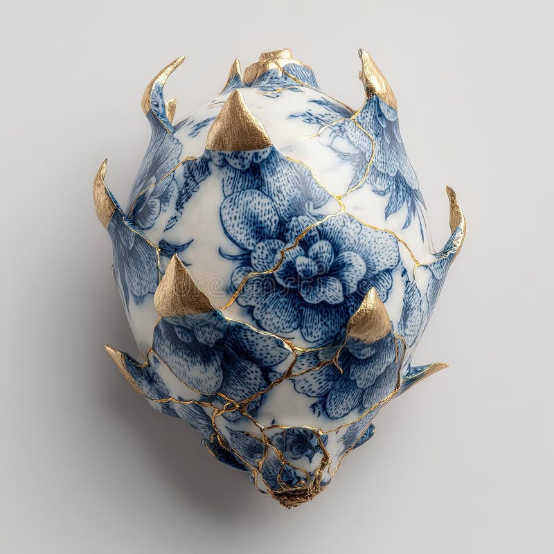 A Cracked, Porcelain or Ceramic Round Object with Blue Flower Designs ...