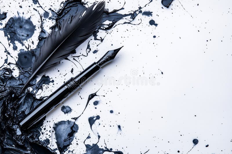 A Cracked Quill Pen Sits Amid Dark Ink Splashes on a Lighter Surface ...
