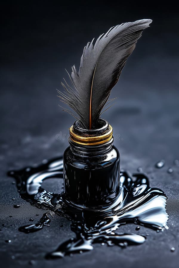A Cracked Quill Stands in Black Ink, Surrounded by Spills, Evoking ...