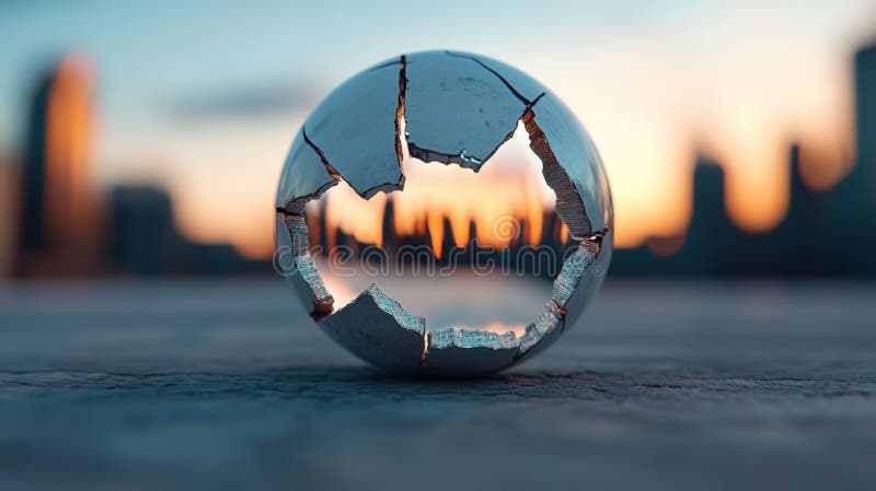 Cracked Reflective Sphere with Cityscape Reflection at Sunset, AI Stock ...