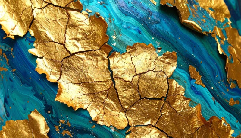 Cracked Renaissance Style Gold Leaf Over Peacock Blue .Background ...