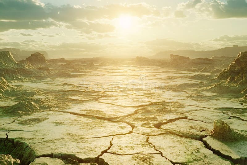Cracked Soil in Desert Landscape at Sunset Creating Dramatic Scene ...