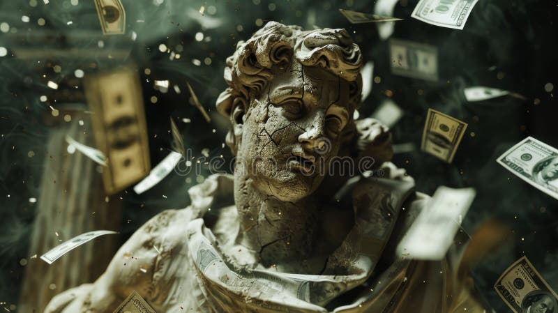Cracked Statue Amidst Flying Cash Representing the Fragility of ...