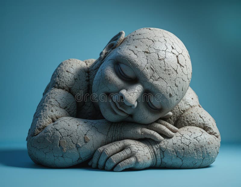 Cracked Stone Figure Sleeping Peacefully with Hands Folded on Blue ...