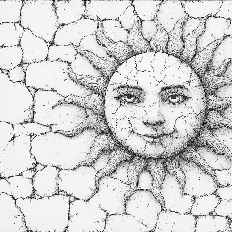 Cracked Sun Face Stone Wall Stock Illustration - Illustration of stone ...
