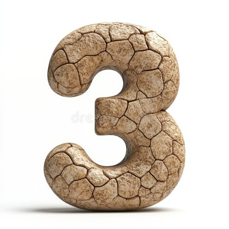 A Cracked, Textured Number Three Resembling Natural Stone or Clay Stock ...