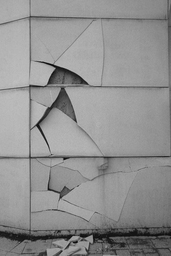 Cracked Tile. Broken Tile on the Wall. an Old, Chipped, Grey White ...