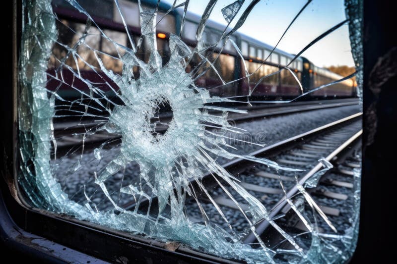 Cracked Train Window with Shattered Glass on Ground Stock Image - Image ...