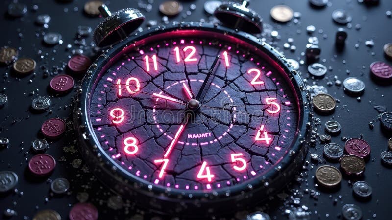 Cracked Vintage Alarm Clock with Neon Pink Glow Surrounded by Coins ...