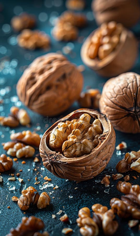 Cracked Walnut on Blue Background. a Close-up View of a Cracked Walnut ...