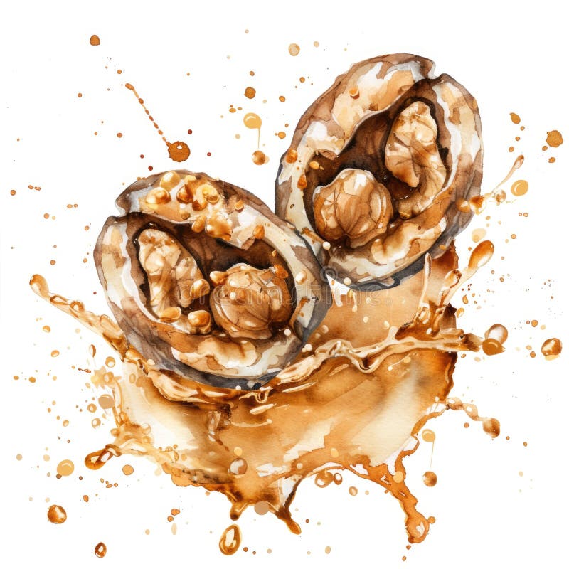 A Cracked Walnut, Its Rich Texture and Depth Highlighted by Watercolor ...