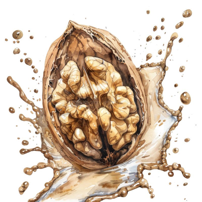 A Cracked Walnut, Its Rich Texture and Depth Highlighted by Watercolor ...