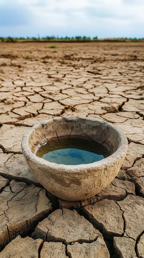 Cracked Water Bowl with Water Inside on Dry, Parched Earth Under Cloudy ...