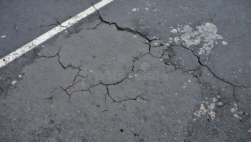 Cracked Weathered Asphalt with Faded White Lines Pebbles and Tiny ...