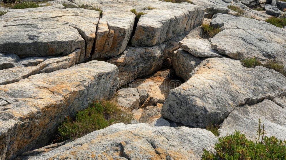 Cracked and Weathered Granite Rocks with Sparse Vegetation Stock ...
