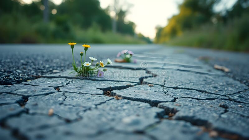 A Cracked and Weathered Road Surface with Wildflowers Stock ...