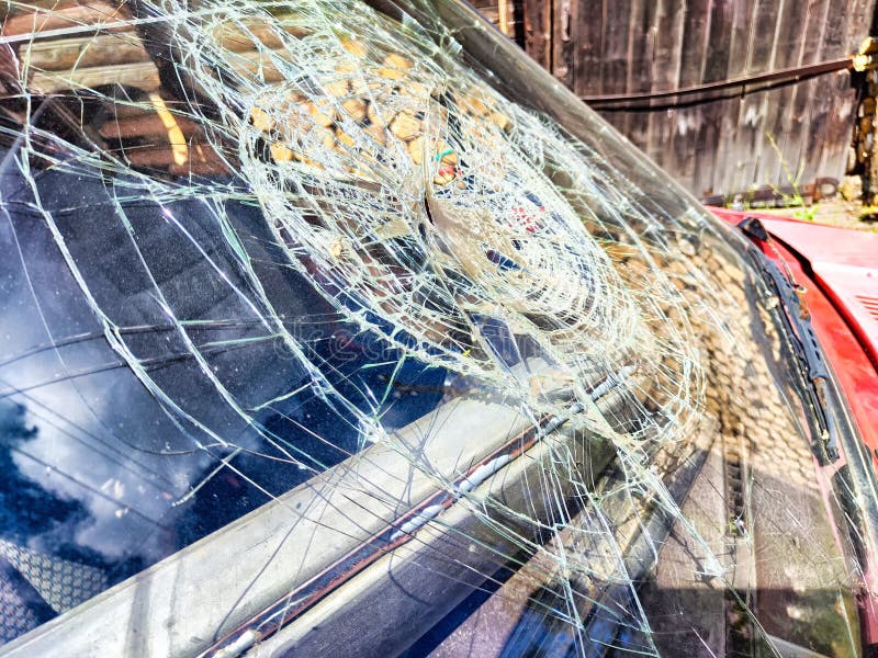 A Cracked Windshield Reveals Extensive Damage on a Parked Vehicle ...